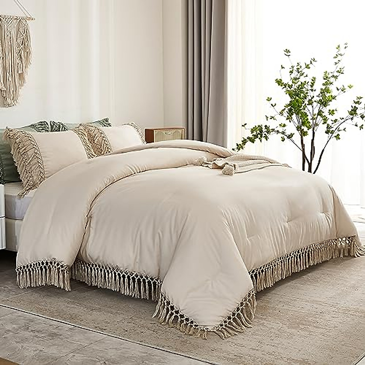 Andency King Size Comforter Set Beige, 3 Pieces Boho Tassel Lightweight Soft Bedding Comforter Sets for King Bed, All Season Fluffy Bed Set (104x90In Comforter & 2 Pillowcases)