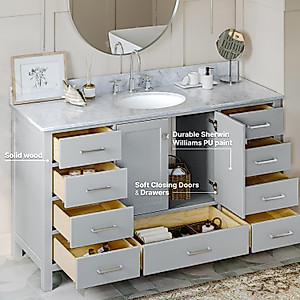 ARIEL 61" Grey Bathroom Vanity with Italian Carrara Marble Countertop & Backsplash, Center Oval Sink, 2 Soft Closing Doors, 9 Full Extension Dovetail Drawers, Brushed Nickel