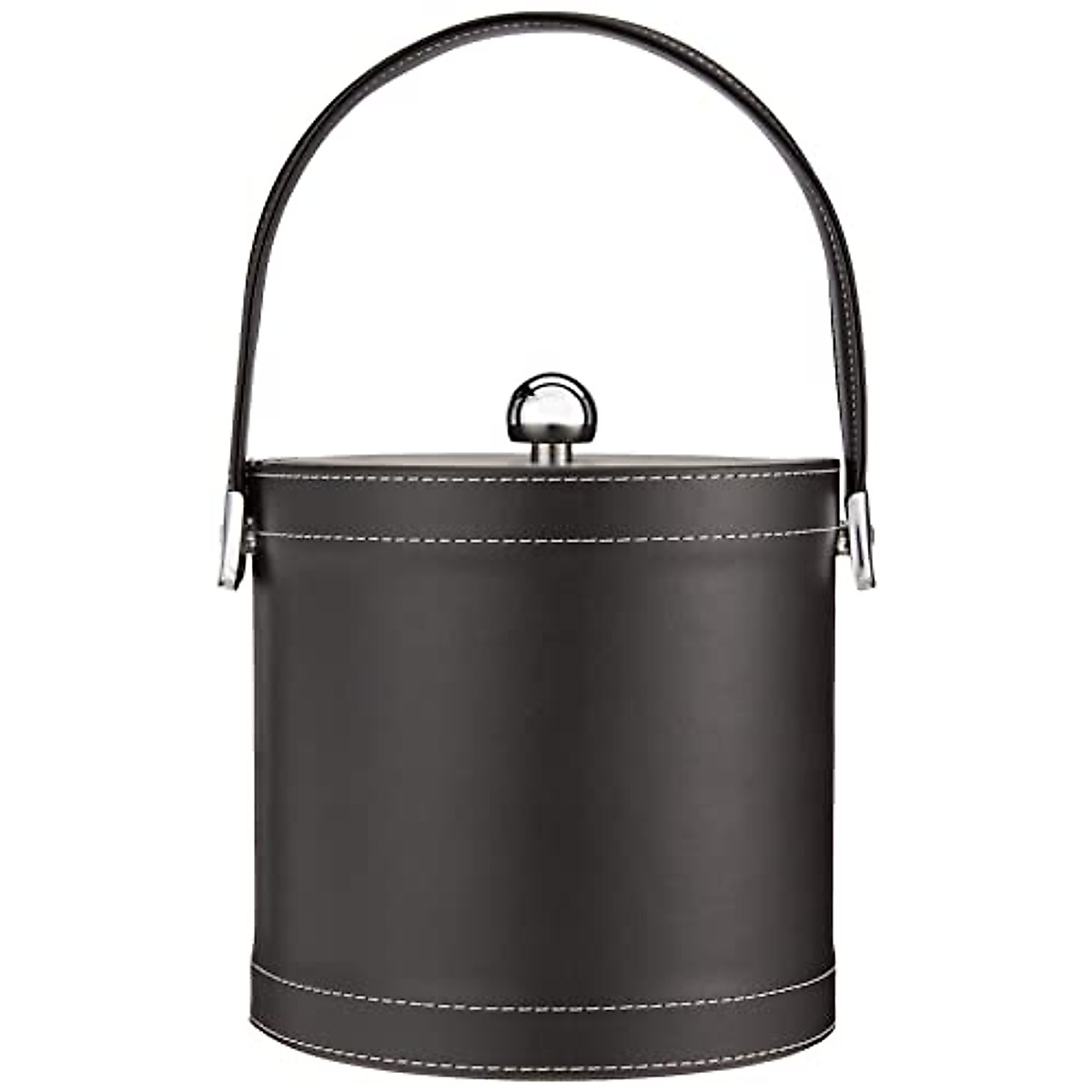 Kraftware Ice Bucket with Stitched Handle, Fabric Lid and Chrome Astro Ball Knob, Black - 3 Quart