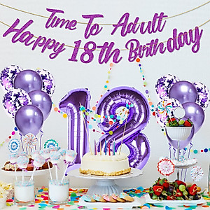 Purple18th Birthday Decorations for Girls Purple 18th Birthday Banner 40 Inch NO. 18 Purple Foil Balloons Purple Confetti Balloons 18th Purple Party Set (Purple-18)