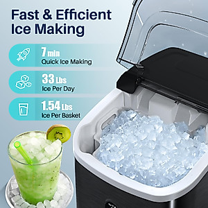 FREE VILLAGE Nugget Ice Maker Countertop, Pebble Machine with Soft Chewy Pellet Ice, 10,000pcs/33Lbs/Day, Self-Cleaning, Quiet & Easy to Us, Portable for Home Kitchen Bar Party Stainless Steel Black