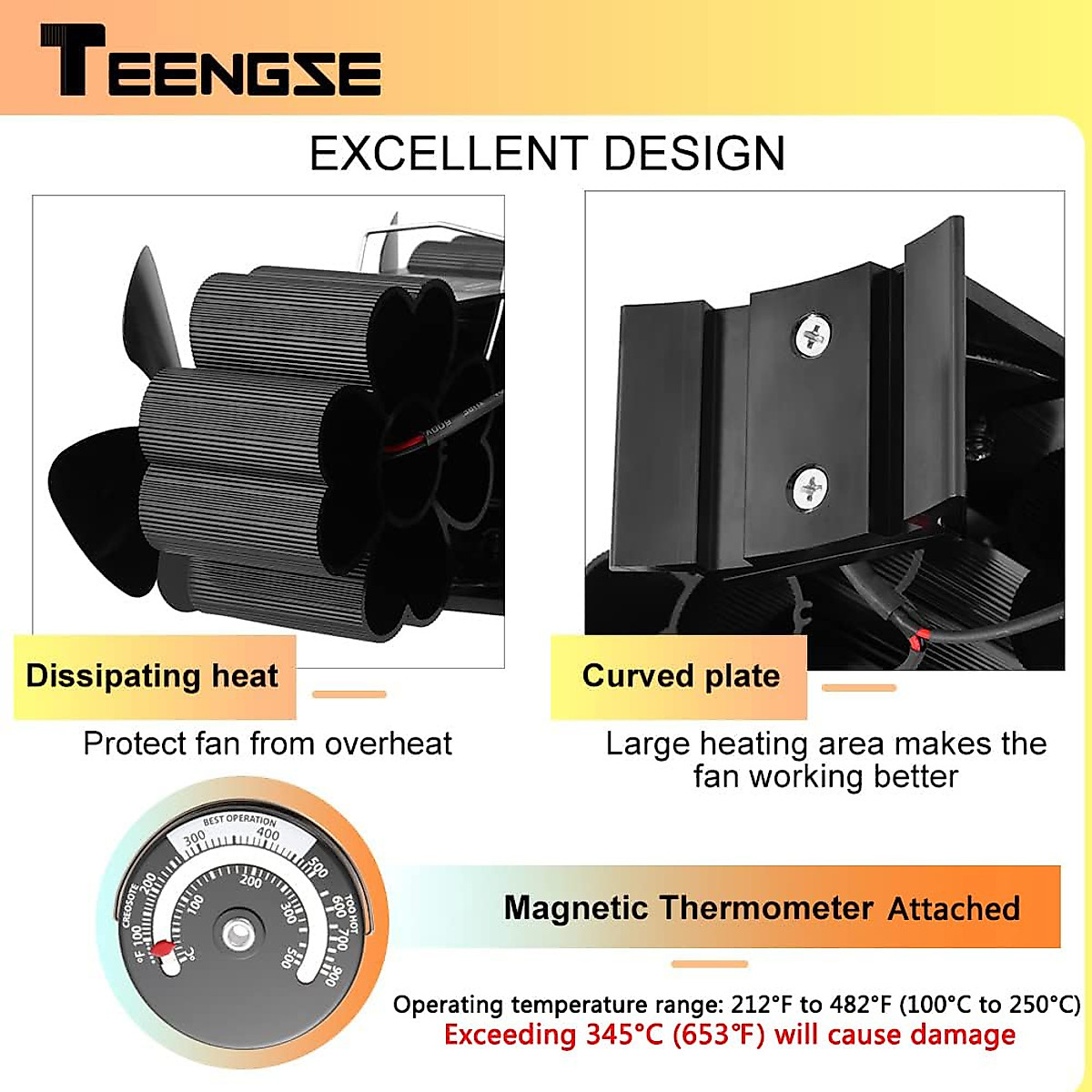 TEENGSE Heat Powered 8 Blade Wood Stove Fan, Flue Pipe Hanging Fireplace Fan for Home Wood Burning Stove Silent Indoor Stove Accessory Heat Distribution-Black with Magnetic Thermometer