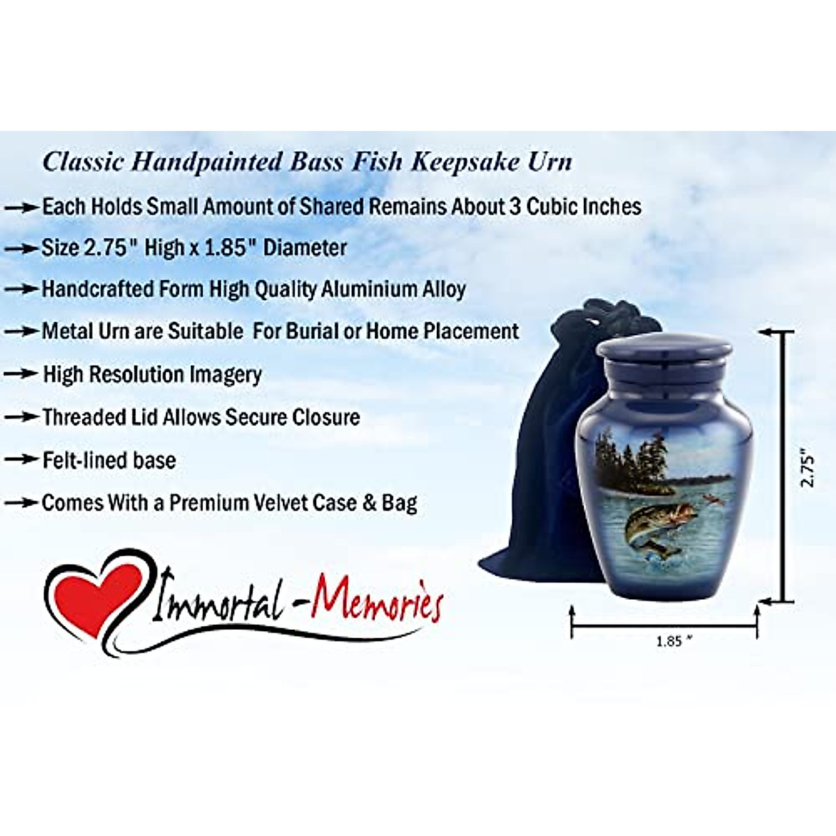 Immortal Memories Bass Fishing Keepsake Urn - Bass Fish Keepsake Cremation Urn for Ashes - Mini Fishing Urn - Handcrafted Bass Fish Sharing Urn Blue BU-K 0
