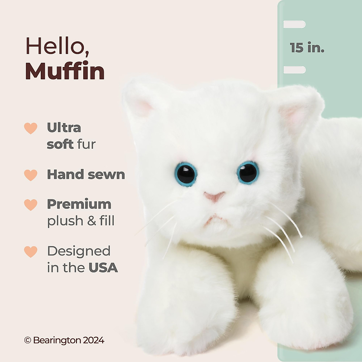 Bearington Collection Muffin Plush White Cat Stuffed Animal, 15 Inch