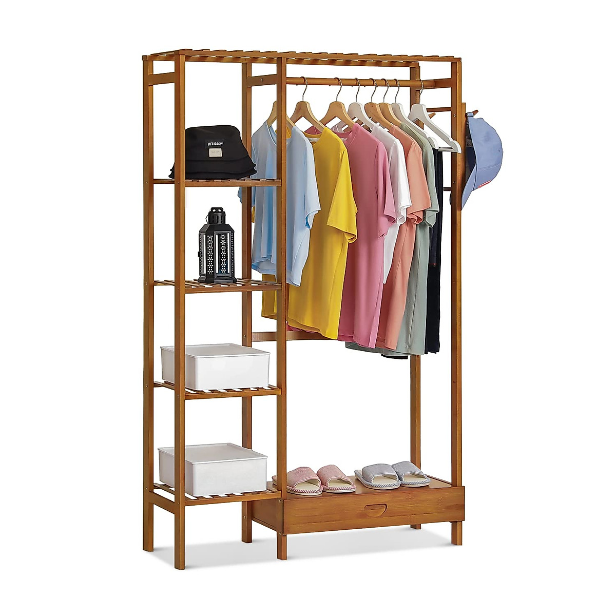 MoNiBloom Bamboo Freestanding Closet Organizer with Pants Scarves Racks and a Hanging Rob, Extra 5 Clothing Storage Shelving for Bedroom Living Room, Brown