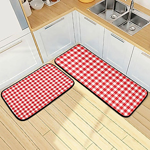 Kigai Kitchen Rugs 2 Piece Waterproof Non Slip Kitchen Mat Red & White Checked Kitchen Rug Set for Sink Office Kitchen Cafe, 19.7"x47.2"+19.7"x27.6"