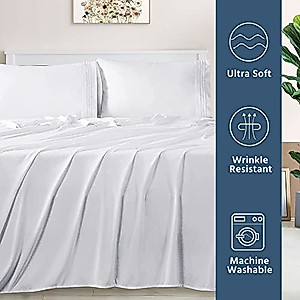 wavveUziz Bed Sheet Set Super Soft 100% Microfiber Sheet 1800 Brushed Microfiber Embroidered Queen Size Bed Sheets 16-Inch Deep Pocket - 4 Piece, White