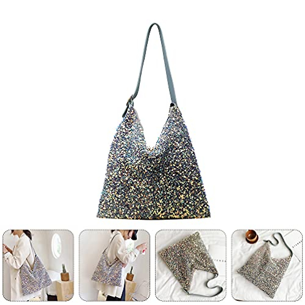 VALICLUD Womens Sequins Tote Bag Sparkling Shoulder Bag Handbag Portable Shopping Bag