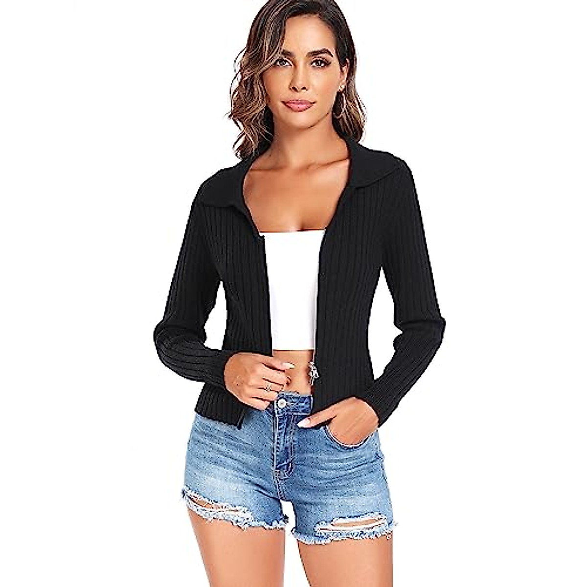 ZAFUL Women's Zip Up Sweater Long Sleeve Polo V Neck Ribbed Knit Slim Cropped Sweater Pullover Jumper Tops (0-Black, M)