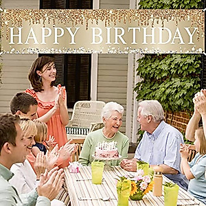 Gold White Happy Birthday Banner Decorations for Women Girls, Gold Glitter Birthday Yard Banner Sign Party Supplies, 16th 18th 21st 30th 40th 50th 60th Birthday Theme Decor for Outdoor Indoor