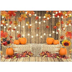 Avezano Fall Pumpkin Photography Backdrop Rustic Thanksgiving Harvest Wooden Floor Background Autumn Maple Leaves Baby Shower Decorations Party Supplies Photo Booth Props 7x5ft