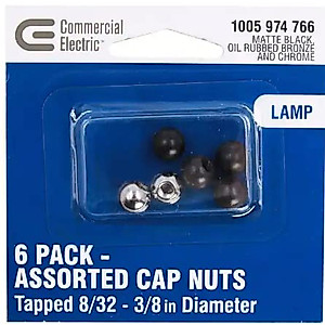 Commercial Electric Lamp Cap Nuts Tapped 832-38in Diameter, 6 Assorted, Matte Black, Oil Rubbed Bronze and Chrome