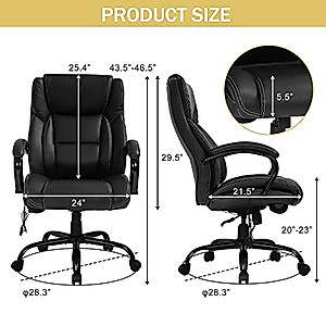 500lbs Big and Tall Office Chair Ergonomic Massage Swivel Rolling Desk Chair High Back PU Leather Wide Seat Computer Chair Heavy Duty Adjustable Executive Task Chair with Lumbar Support Arms, Black