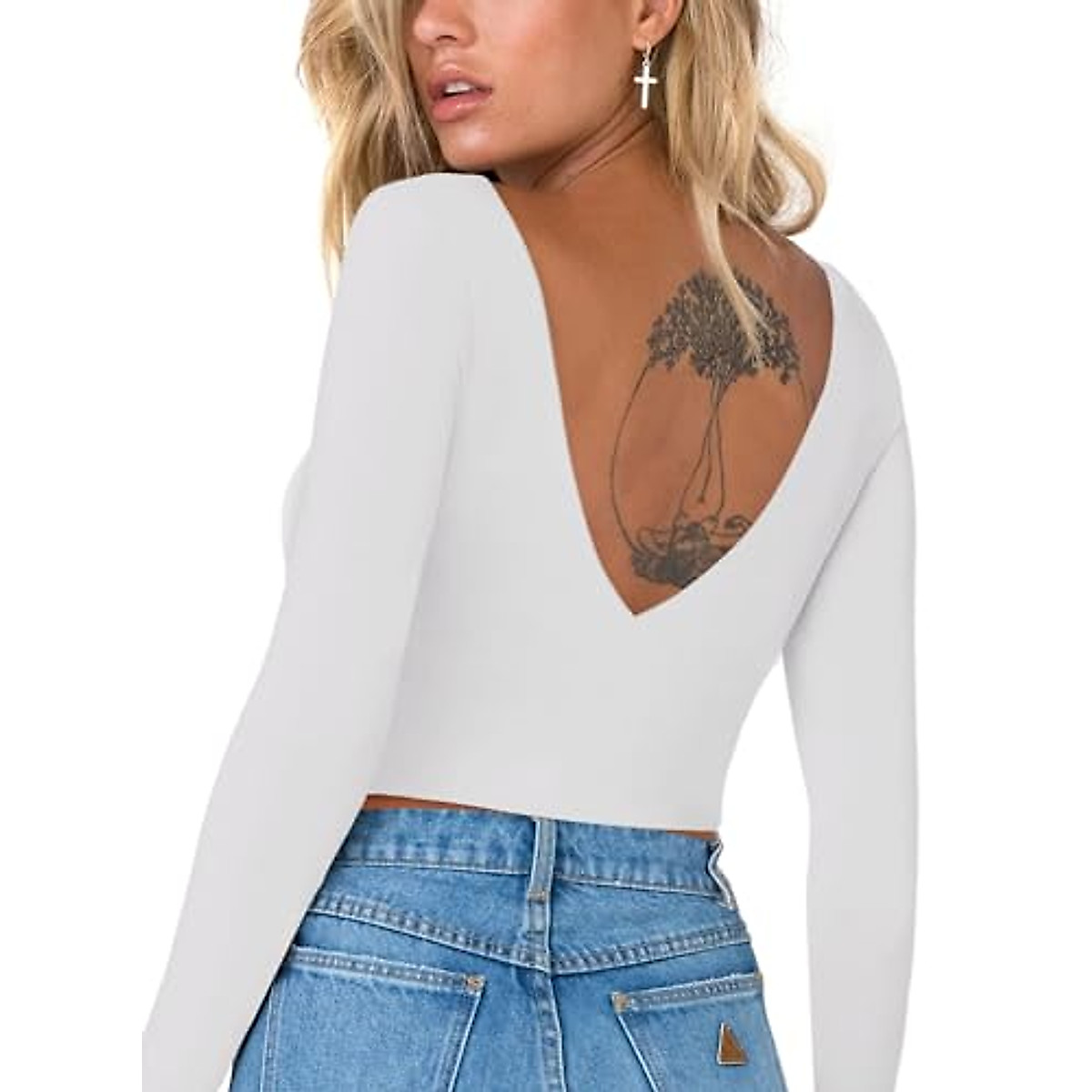 REORIA Womens Sexy Casual Plunge Deep V Neck Long Sleeve V Backless Double Lined T Shirts Fall Trendy Going Out Fitted Crop Tops Tees White Large