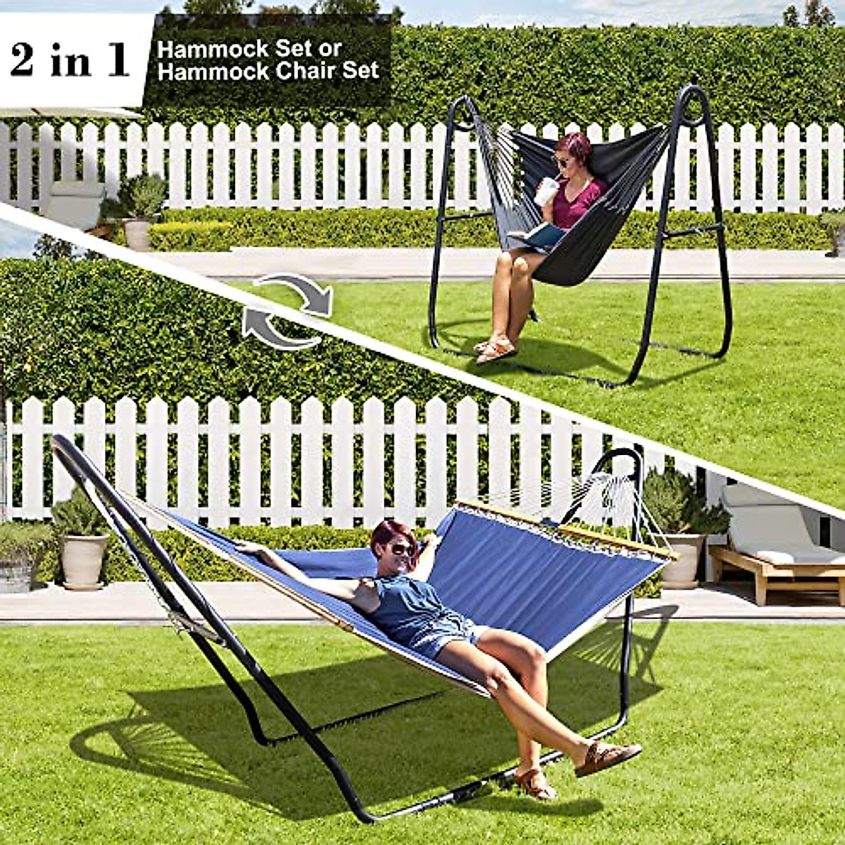 SUNCREAT 2-in-1 Convertible Hammock and Stand, Stand Alone Hammock for Backyard, Patio, Garden, Patent Pending, Navy Blue