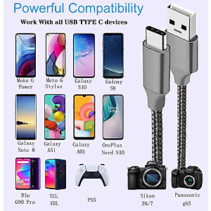 USB C ChargerCable 10FT,3Pack CileenLongFastChargingCordCompatibleForMotoGPower/Stylus,Samsung S10/S9/S8,Note8,A51/A01/A11,Tab S6/7Lite,OnePlusNord N10,NikonZ6/7,BLU G90 Pro,TCL 10L,PS5 3P-10F-Gray