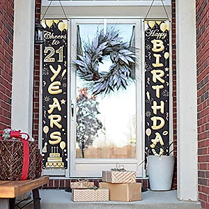 Happy Birthday Banner 21st Birthday Decorations Banners Cheers to 21 Years Birthday Party Supplies Black Gold Welcome Porch Sign for Men, Him, Indoor, Outdoor Party Decor