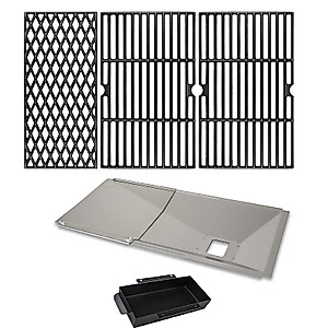 Uniflasy Cast Iron Cooking Grates and Grease Tray with Catch Pan for Dyna glo DGH450CRP DGH450CRP-D 4 Burner, DGH485CRP DGH474CRP 5 Burner Cooking