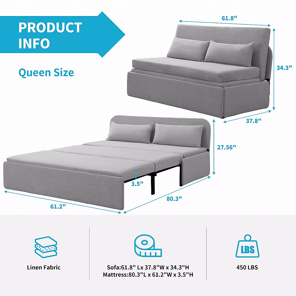 CECER Queen Size Pull Out Sofa Bed, Pull Out Couch Bed with 2 Pillows, Linen Convertible Sleeper Sofa with Foldable Mattress, 2 in 1 Armless Sleeper Sofa for Living Room (Light Grey)