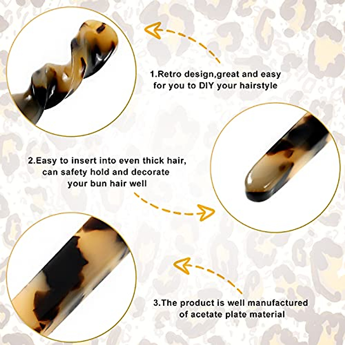 WILLBOND 10 Pieces Acetate Hair Sticks Hair Chopsticks Styling Vintage Leopard Print Tortoise Shell Hairpin Chopsticks Hairpins Disk with Flannelette Bag for Women(Vibrant Pattern)