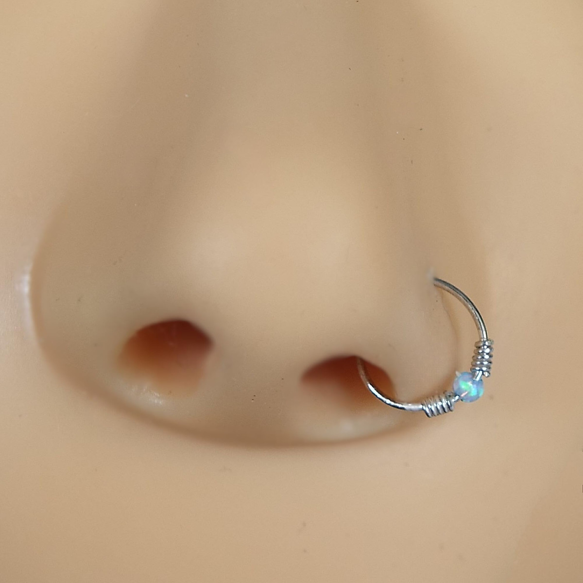 Handmade Silver 2Pcs 9MM Nose Ring Cartilage Helix Piercing Hoops with 2mm Blue Opal, 925 Sterling Silver Tiny 9MM Thin 22Gauge Hoop for women, by MiYa Jewelry