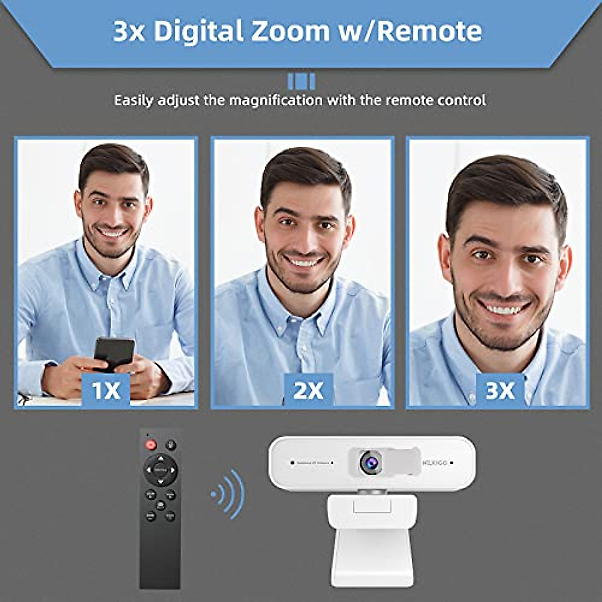 NexiGo Zoom Certified, N940P 2K Zoomable Webcam with Remote and Software Controls | Sony Starvis Sensor | 1080P@ 60FPS | 3X Zoom in | Dual Stereo Microphone, for Zoom/Skype/Teams/Webex (White)