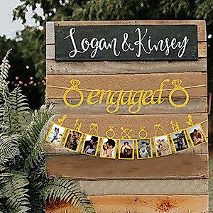 Engagement Wedding Decorations, Gold Engaged Banner and Photo Banner with Romantic Memories Picture Card Frames for Engaged / Wedding / Anniversary / Valentines Day Party