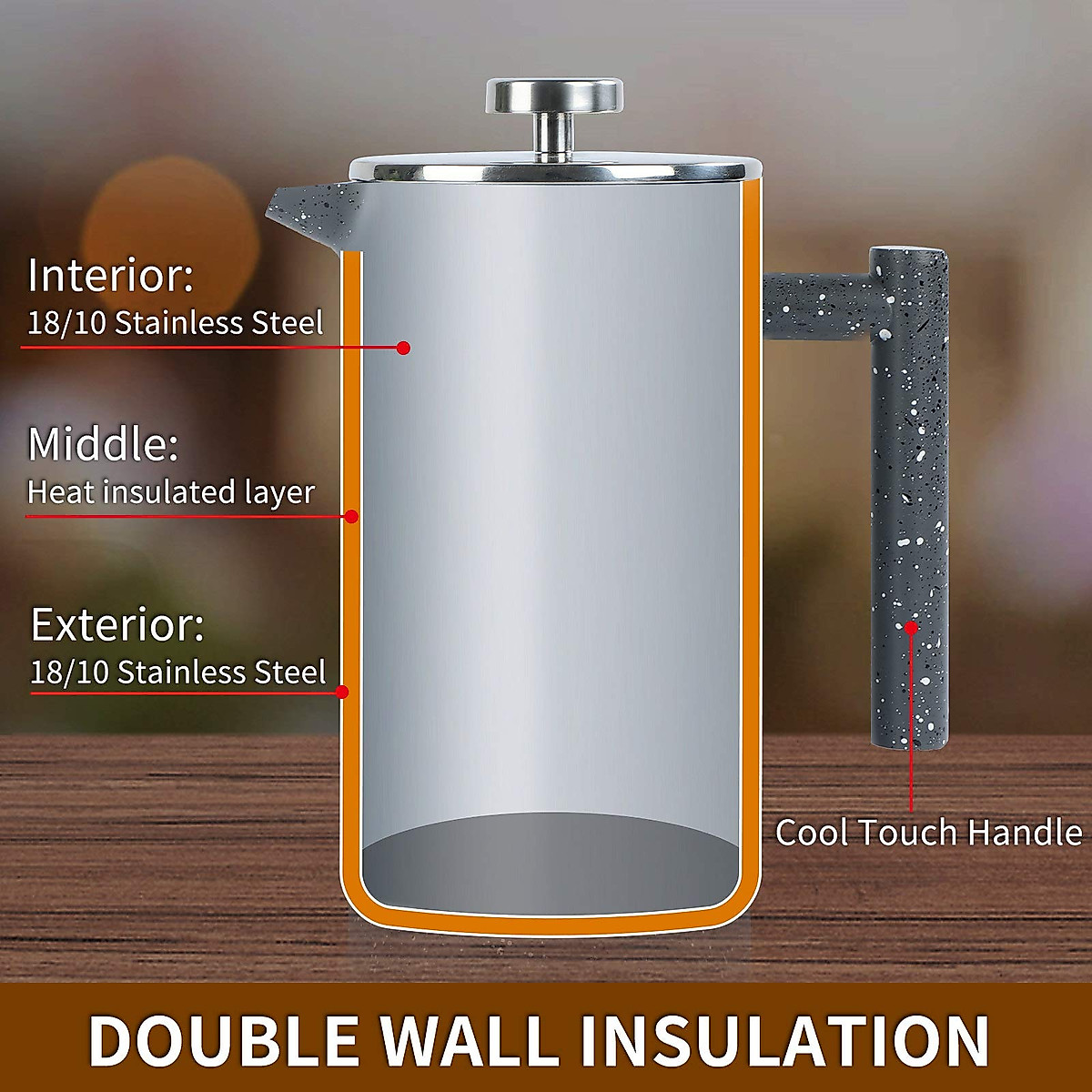 BAZZEFF French Press Coffee Maker 34oz with Double-Insulated Stainless Steel Large Metal Coffee Press with 3 Layer Filtration System for Ultimate Coffee Tea Brewing in Travel Camping or Home