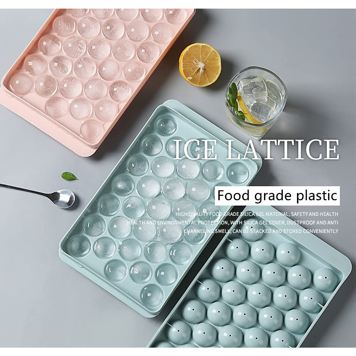 NUOYANG Round Ice Cube Tray with Lid, Ice Ball Maker Mold for Freezer with Container Mini Circle, Ice Cube Tray Making, 33PCS Sphere Ice Chilling Cocktail Whiskey Tea Coffee