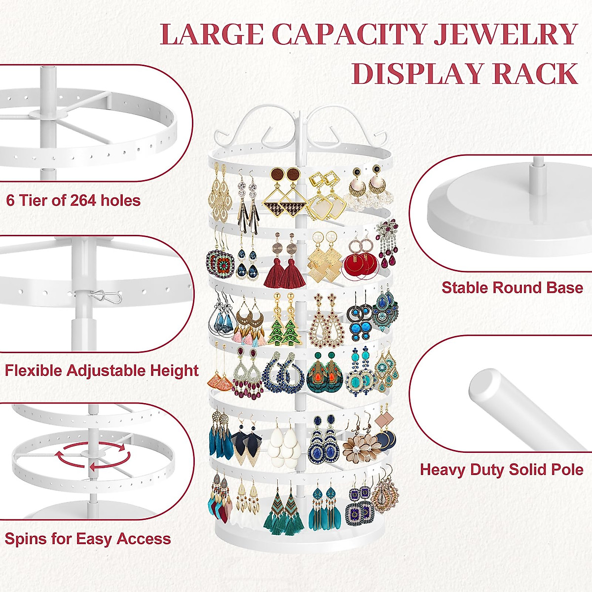 MODOWEY 6 Tier Rotating Metal Earring Holder Organizer Stand Adjustable Display Tree for Women, 264 Holes Large Storage Rack for Stud Post Dangling Hoop, Keep Earrings Neatly Arranged(White)