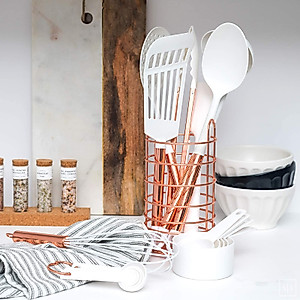 White and Copper Kitchen Utensils - 18 PC Copper Cooking Utensils Set Includes Copper Utensil Holder, White & Copper Measuring Cups and Spoons, Rose Gold Kitchen Utensils - Copper Kitchen Accessories