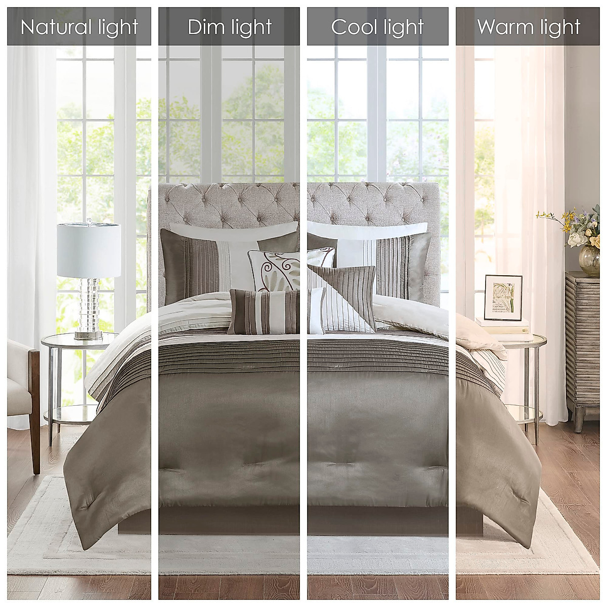 Madison Park Amherst Faux Silk Comforter Set-Casual Contemporary Design All Season Down Alternative Bedding, Matching Shams, Bedskirt, Decorative Pillows, Queen(90"x90"), Natural, 7 Piece (MP10-121)