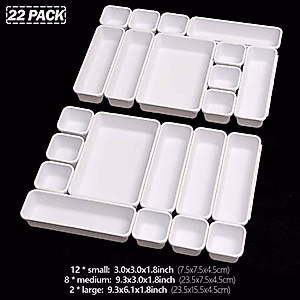 Set of 22 Interlocking Desk Drawer Organizer Tray Dividers Plastic Shallow Narrow Drawers Organizers Separators Storage Bins Container for Kitchen Bathroom Makeup Office Vanity Bedroom Dresser White