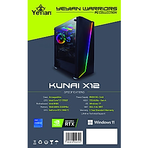 YEYIAN Kunai X12 Gaming PC Desktop Computer, Intel i7-11700F 8-Core 2.5GHz, GeForce RTX 3060 Ti 8GB GDDR6, 1TB NVMe SSD, 16GB DDR4 3200MHz, ARGB Fans, Windows 11, WiFi 5, BT 5.0, 650W Gold PSU