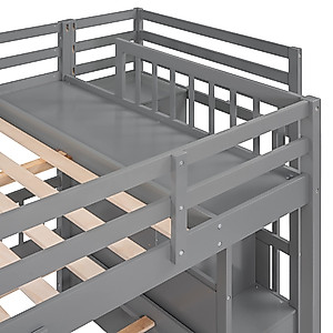 Full Over Twin & Twin Bunk Bed, Wood Triple Bunk Bed Frame with with Staircase, Drawers and Guardrails, Multi-Functional Bunk Bed for Kids, Teens, Adults (Gray*Staircase)
