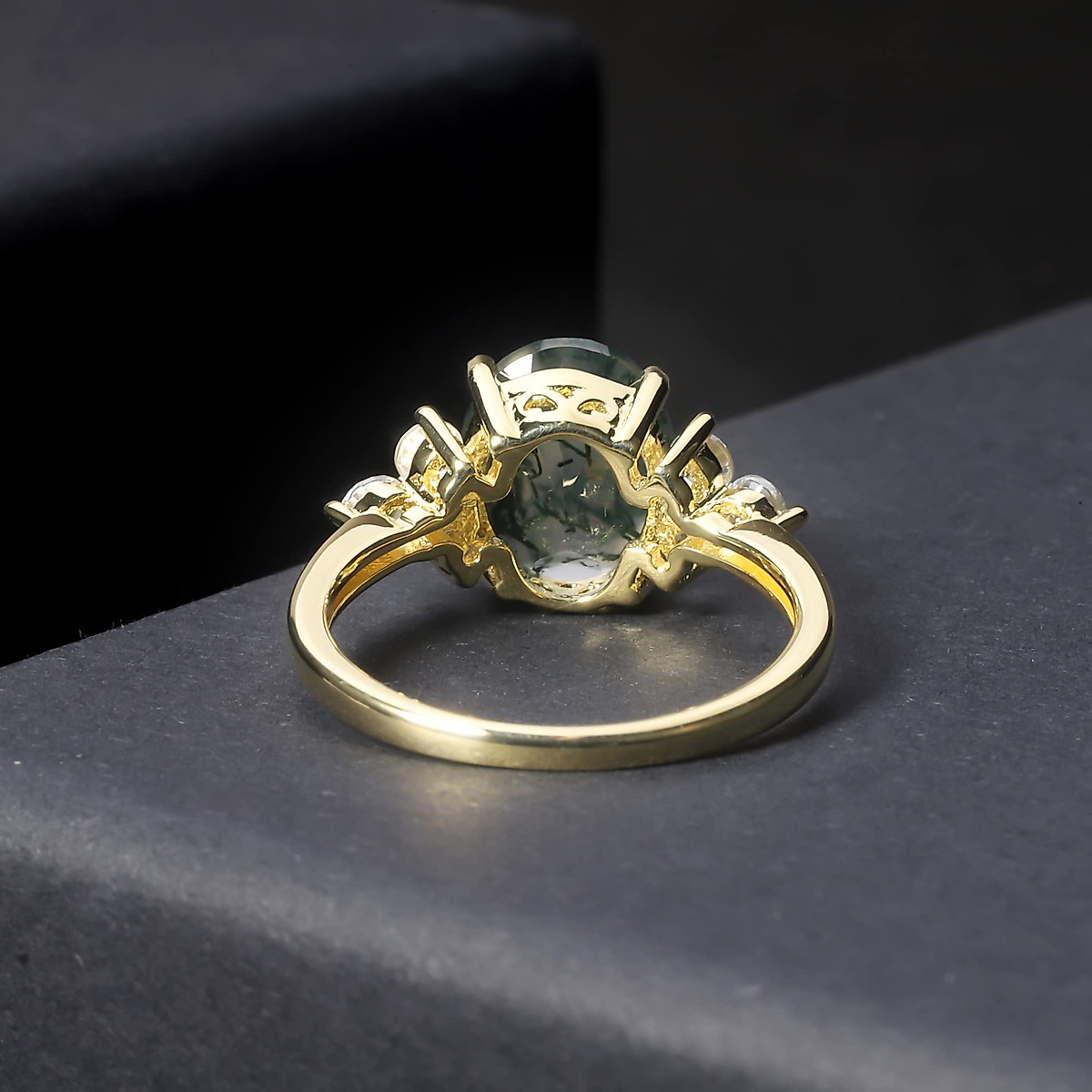 Gem's Beauty Green Moss Agate Jewelry Natural Moss Agate Engagement Gold Rings in 925 Sterling Silver for Women Wedding Moss Agate Ring Anniversary Jewelry Gift for Her (Size7)