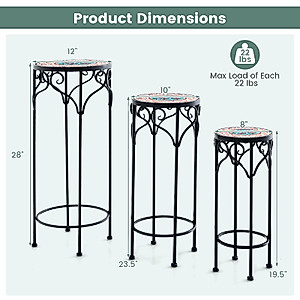 Giantex Metal Plant Stand Set of 3, 28" Mosaic Tall Flower Stand with Ceramic Top, Round Tile Nesting Display Side Table, Indoor Outdoor Flower Holder for Wedding Party Patio Living Room