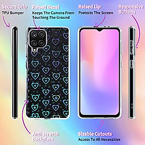 Shorogyt Holographic Heart Case for Samsung Galaxy A12 5G/4G 6.5 inch Cute Clear Love Hearts Cases Glitter Laser Bling Women Girls Aesthetic Design Cover+Screen+Chain for A 12 6.5”(3in1)