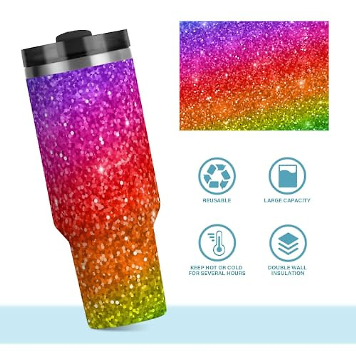 Yasala Car Tumbler with Handle Rainbow Glitter Shine Travel Mug Coffee Cup Insulated Beverage Container Mega Cup for Hot Cold Drinking Thermos Water Bottle Cupholder Friendly 40 oz