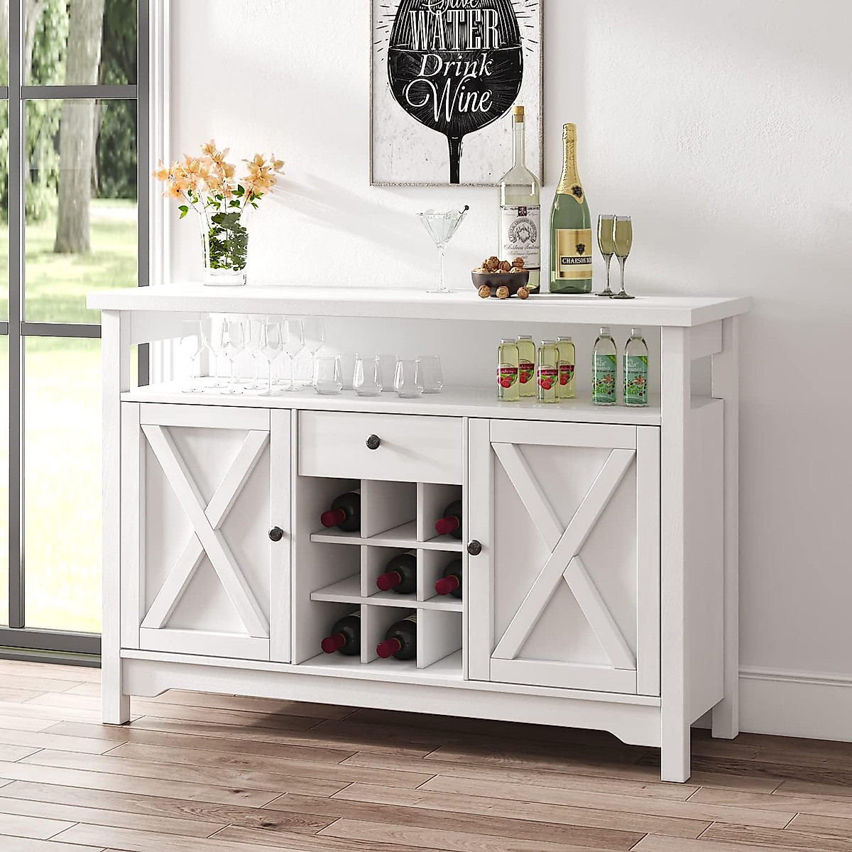 4ever2buy Farmhouse Coffee Bar Cabinet with Storage, White Coffee Bar with Drawer, Kitchen Buffet Cabinet with Barn Door, Wine Bar Cabinet with 9 Wine Racks for Dining, Living Room
