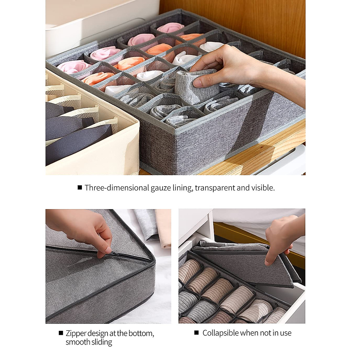 BESTUNIHOM Collapsible Underwear Organizer, 16 Cell Oxford Closet Drawer Dividers for Women Men Kids Panties,2pcs Grey NYSN01-GR16C2P