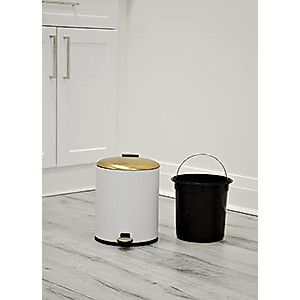 AQ Round Metal 5 Liter/1.3 Gallon Step Trash Can with Removable Liner & Soft Close Lid, Small Garbage Pedal Waste Bin for Bathroom, Bedroom or Office - Matte White & Brushed Gold
