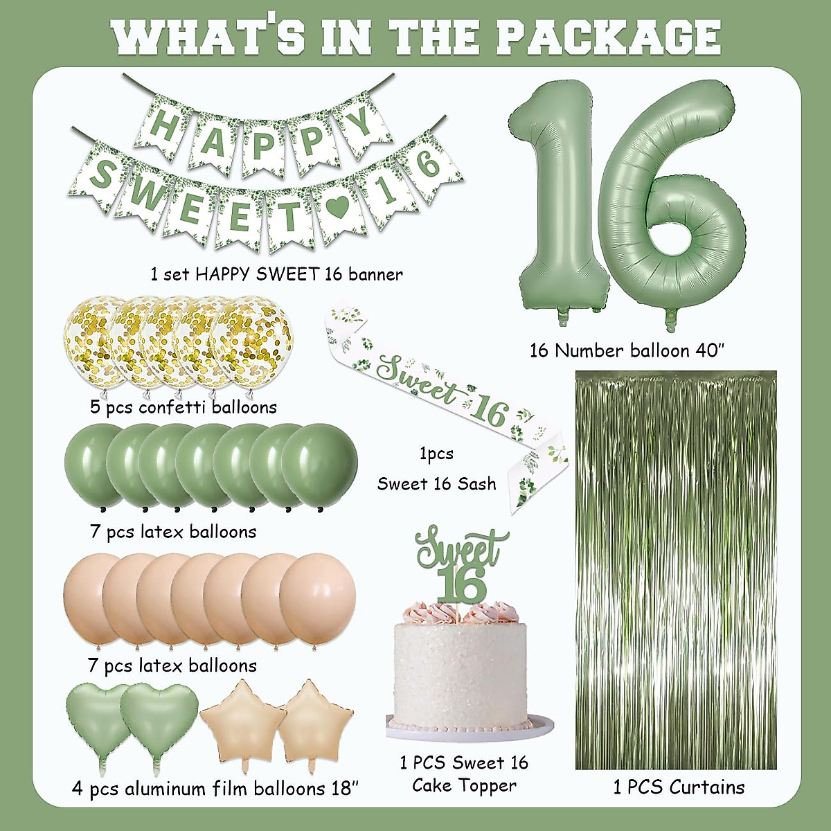 Sweet 16 Party Decorations, Sage Green 16th Birthday Decorations for Girls Sweet 16 Birthday Banner Green Balloons Kit for Her Birthday Party Supplies