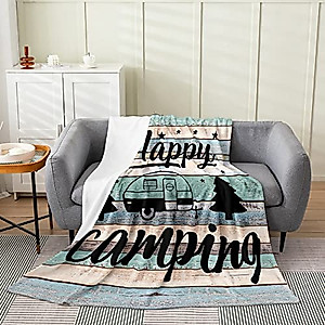 Camper Flannel Fleece Throw Blanket,All Season Happy Camping Theme Bed Blanket Rustic Farmhouse Style Fuzzy Blanket for Bed Sofa Couch,Bedroom Decor Vintage Wooden Plush Blanket 40"x50"