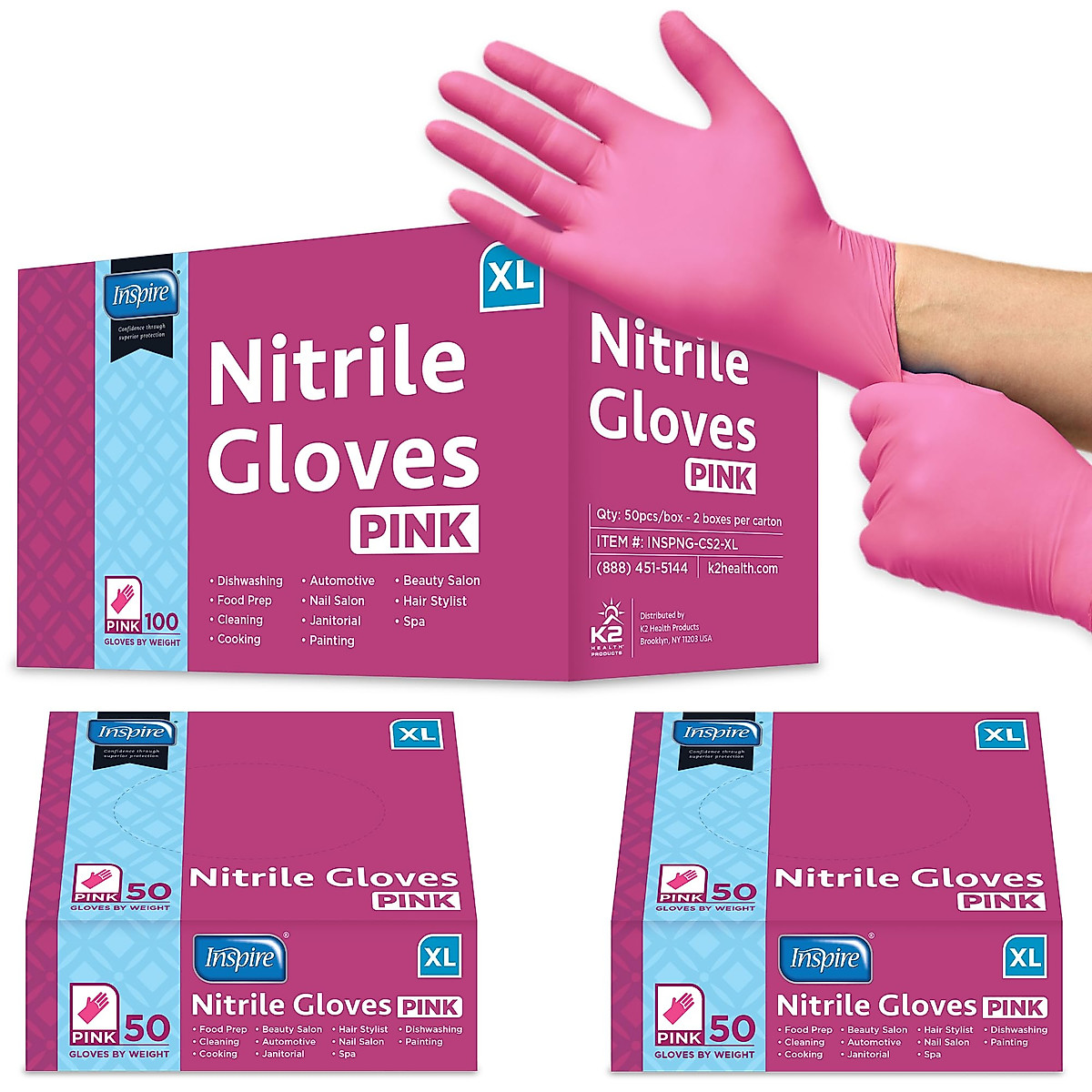 Inspire Pink Gloves Disposable Latex Free 2 Pack Value | Nitrile Pink Gloves Nail Salon and Hair Dye Gloves | Esthetician Nitrile Disposable Gloves | Nitrile gloves Small