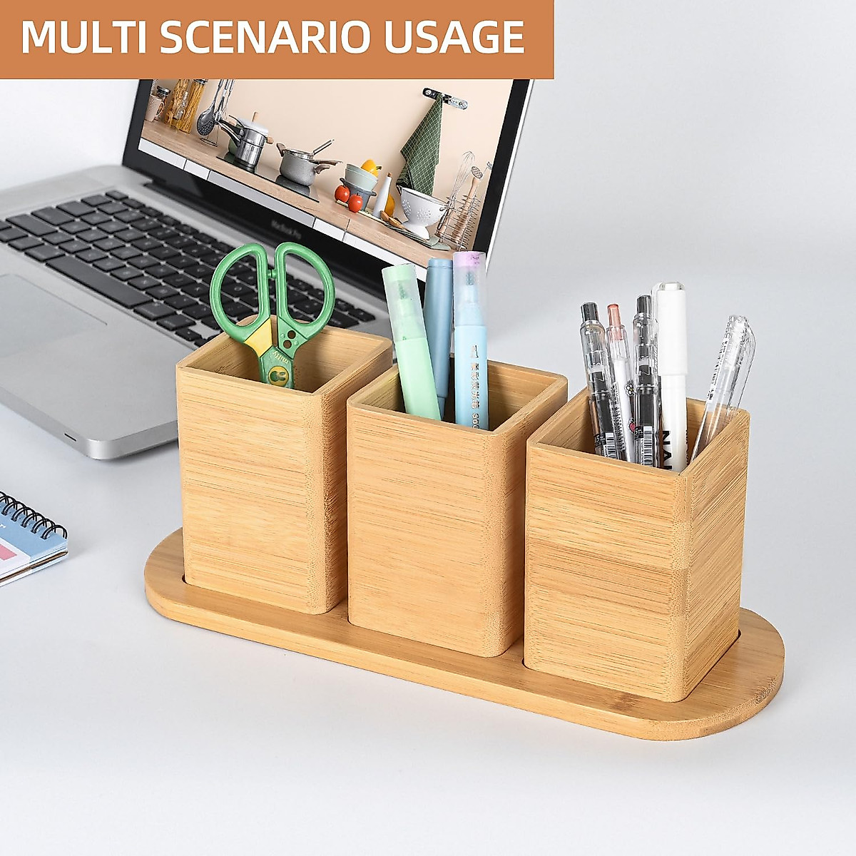 GEHE Silverware Caddy for Countertop, Natural Bamboo Utensil Caddy for Parties, Utensil Holder with 3 Compartment, Silverware Organizer Storage Containers for Spoons, Forks and knives