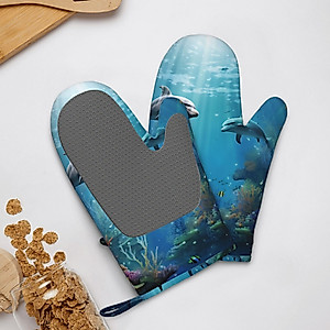 Blue Ocean Underwater Fish Printed Oven Mitts Heat Resistant Oven Gloves Non-Slip Silicone Kitchen Gloves for Cooking Baking BBQ Gloves 1 Pair