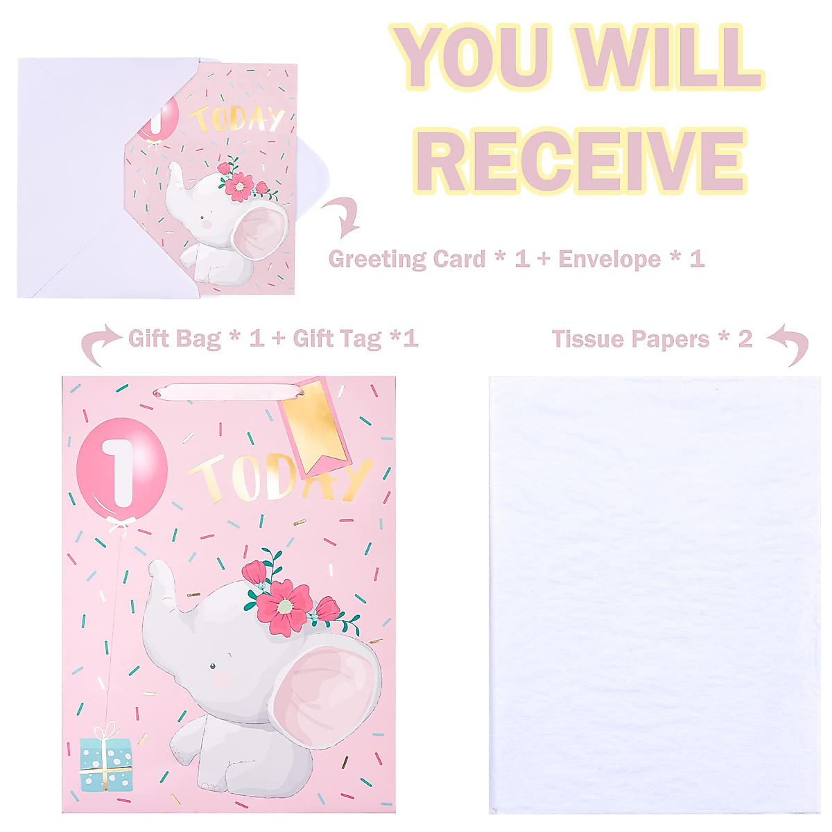 WRAPAHOLIC 16.5" Extra Large 1st Birthday Gift Bag with Card and Tissue Paper - Adorable Elephant Design for Baby Girl, Baby Shower, Party