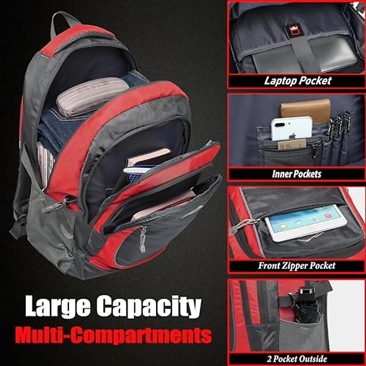 ProEtrade Extra Large Backpack Bookbag for College Travel Laptop Business Hiking Backpack Fit Laptop Up to 17 Inch Sturdy Multi Compartment Gifts for Men Women Night Light Reflective (Light Red)