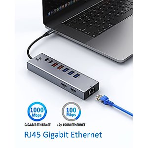 8K Dual HDMI USB C Hub 10Gbps Laptop Docking Station USB C to Dual 4K Monitor for Dell/HP/Lenovo, 10-in-1 USB C Adapter Dongle with Gigabit Ethernet, 2 USB 3.1, 3 USB 3.0, USB C Data and PD Charging